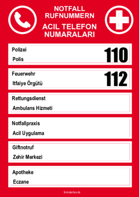 Aushang: Notfall-Telefonnummern (DE, TR) | Zum Ausdrucken